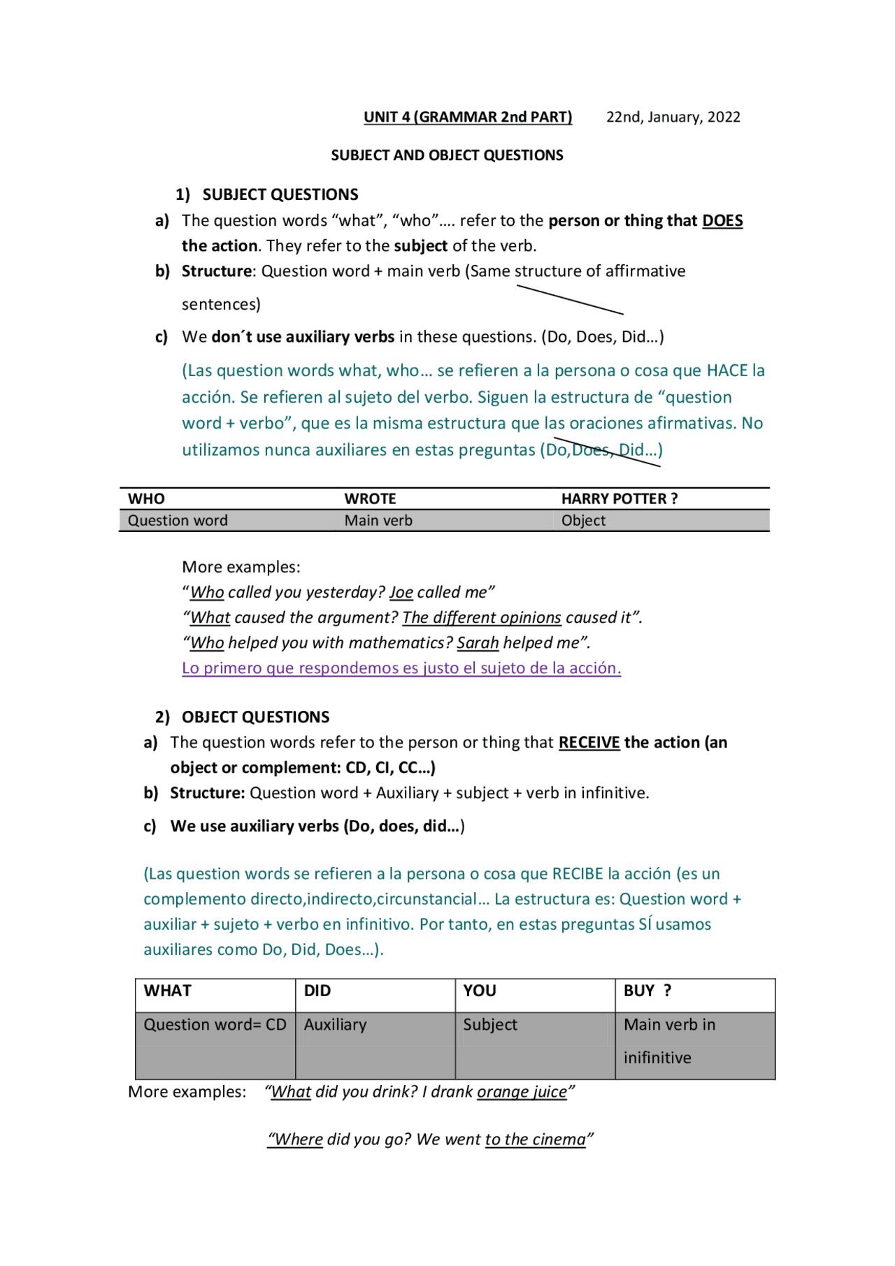 Resumen Objects And Subject Questions Apuntes De Inglés Docsity