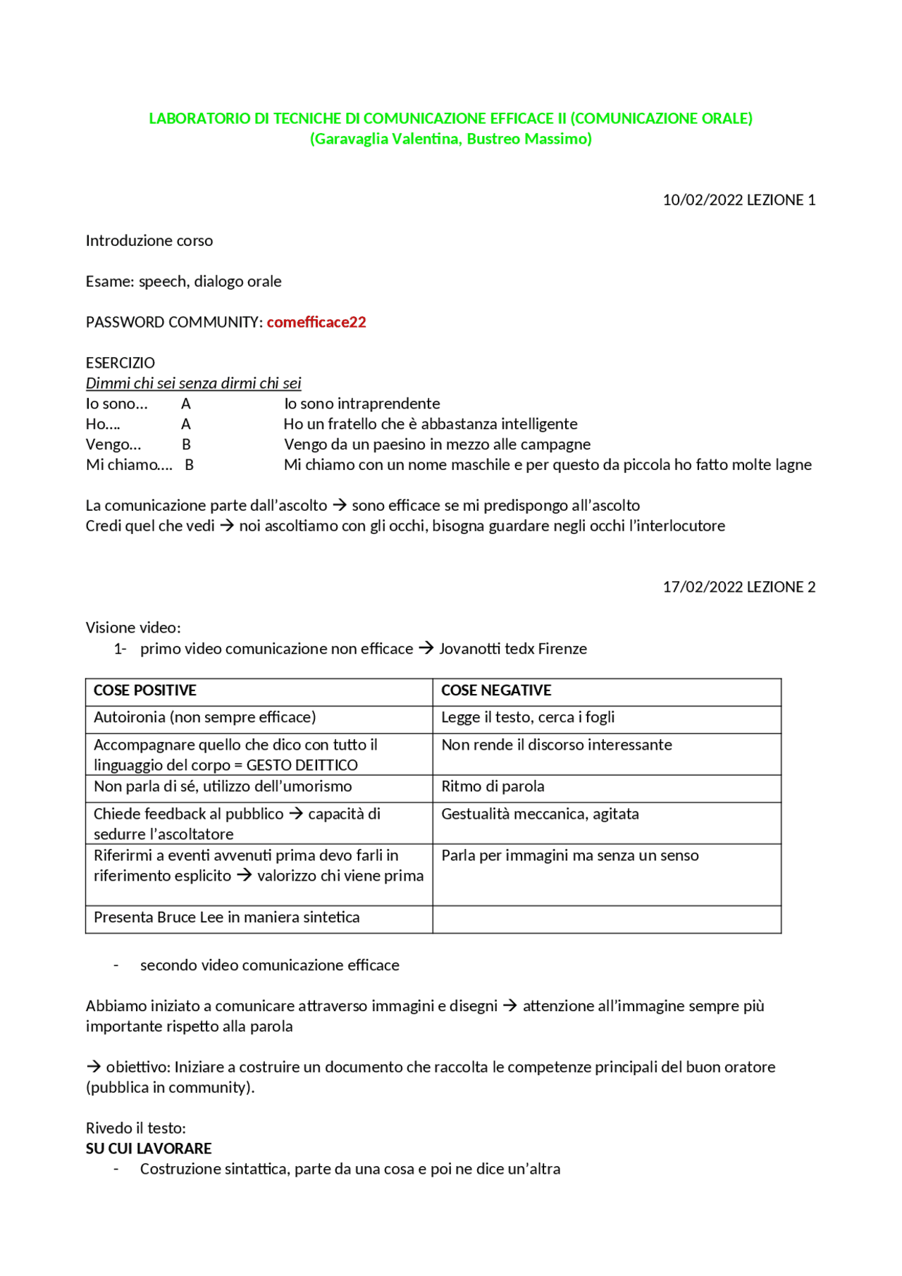 Laboratorio Di Tecniche Di Comunicazione Efficace Appunti Di