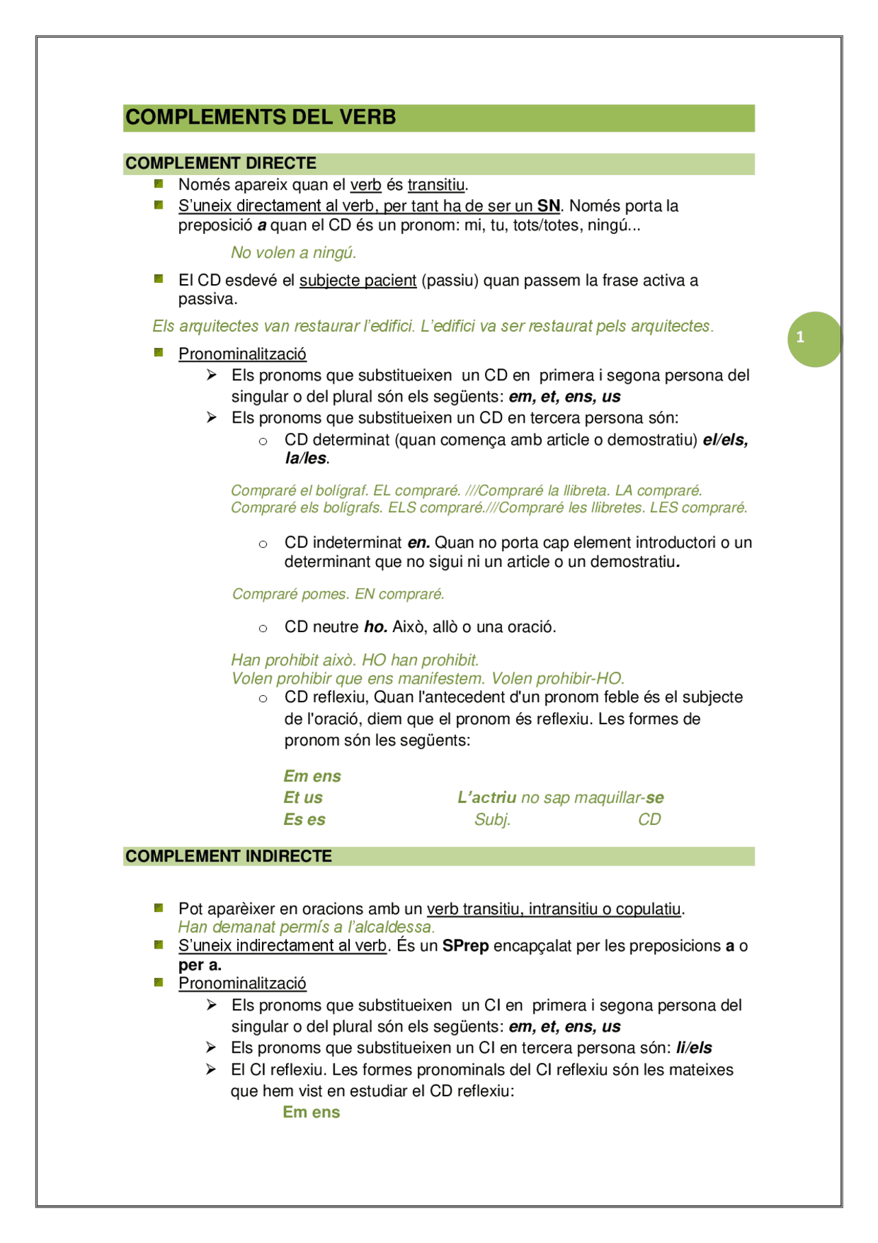 Repàs complements verbals | Esquemas y mapas conceptuales de Valenciano ...