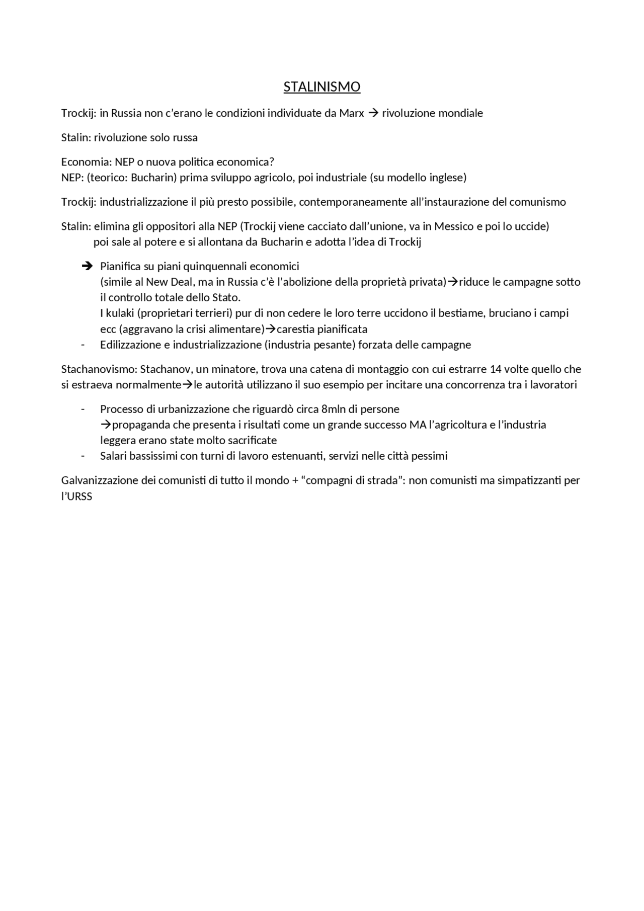 Stalinismo Riassunto Schemi E Mappe Concettuali Di Storia Docsity