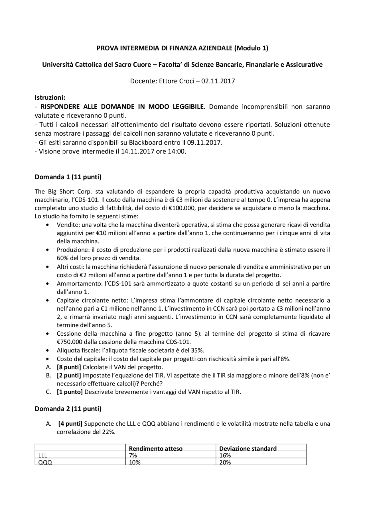 Prova intermedia primo modulo | Prove d'esame di Finanza Aziendale | Docsity