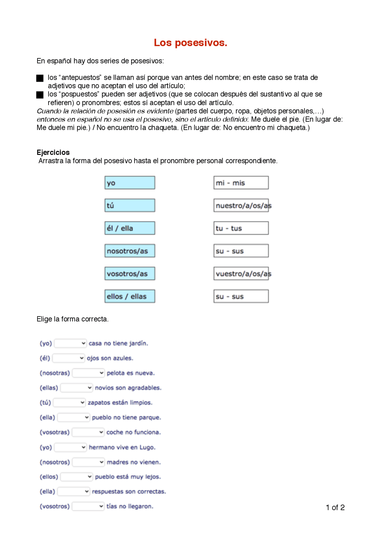 Los posesivos (explicación y ejercicios) | Esercizi di Spagnolo | Docsity