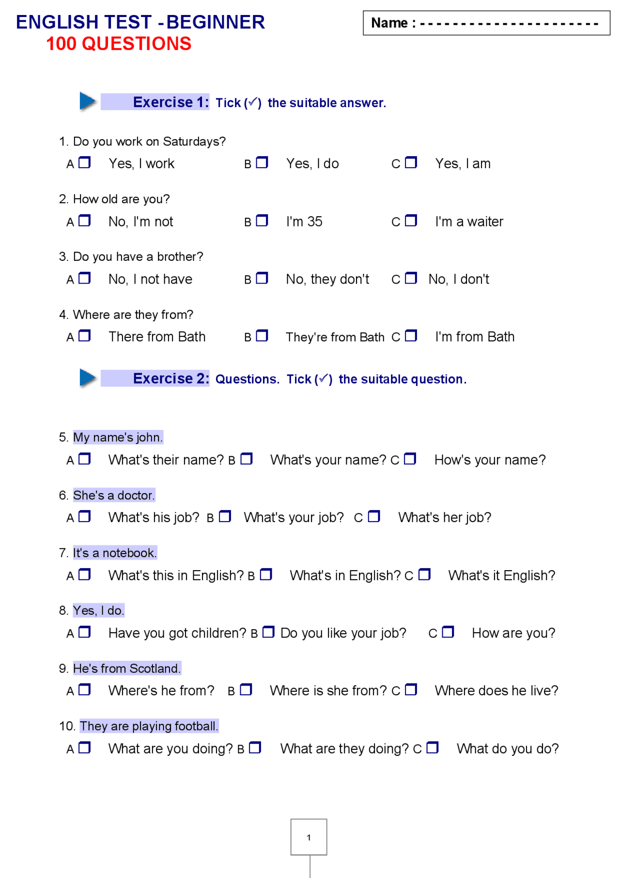 Test English Beginner 100 Questions | Quizzes English | Docsity