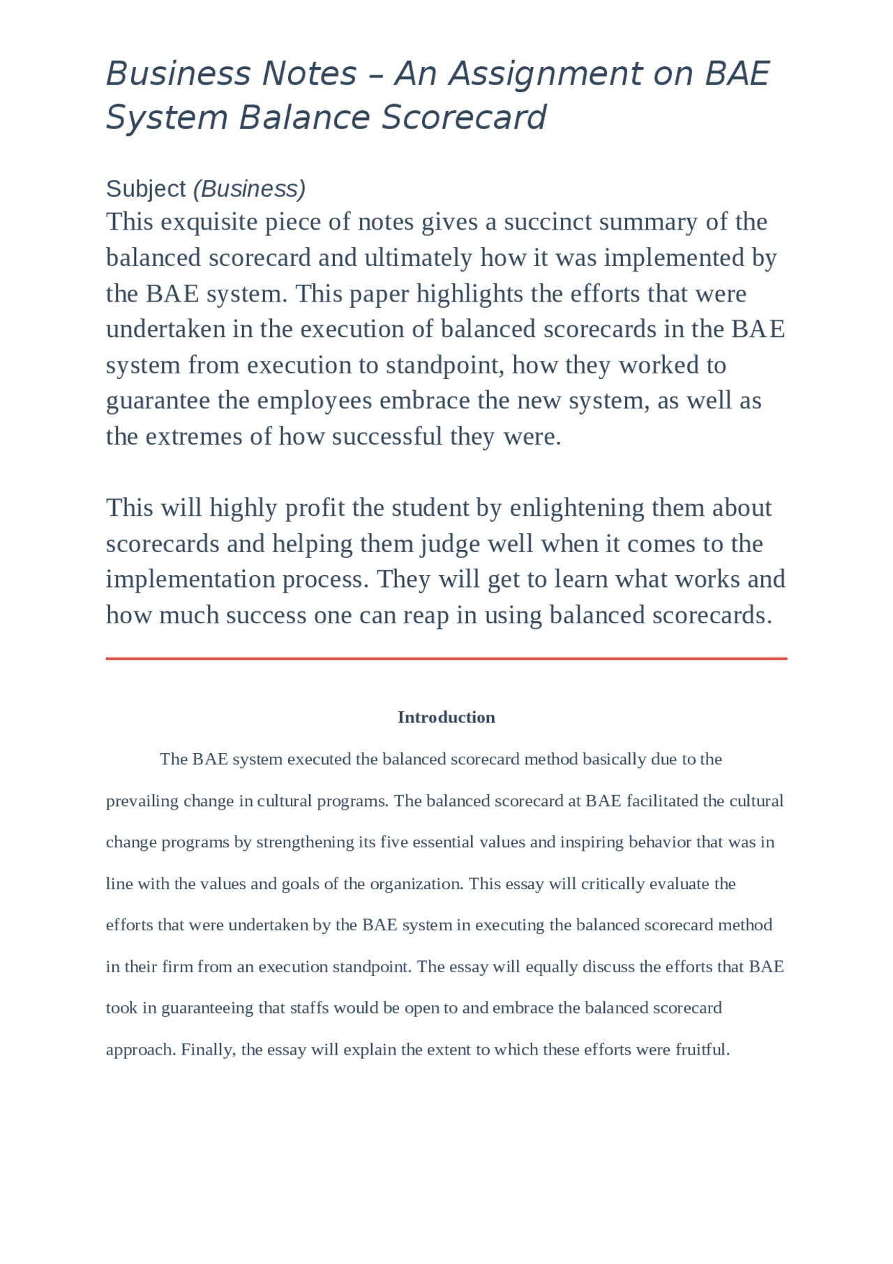 BAE System Balance Scorecard | Assignments Business Strategy | Docsity