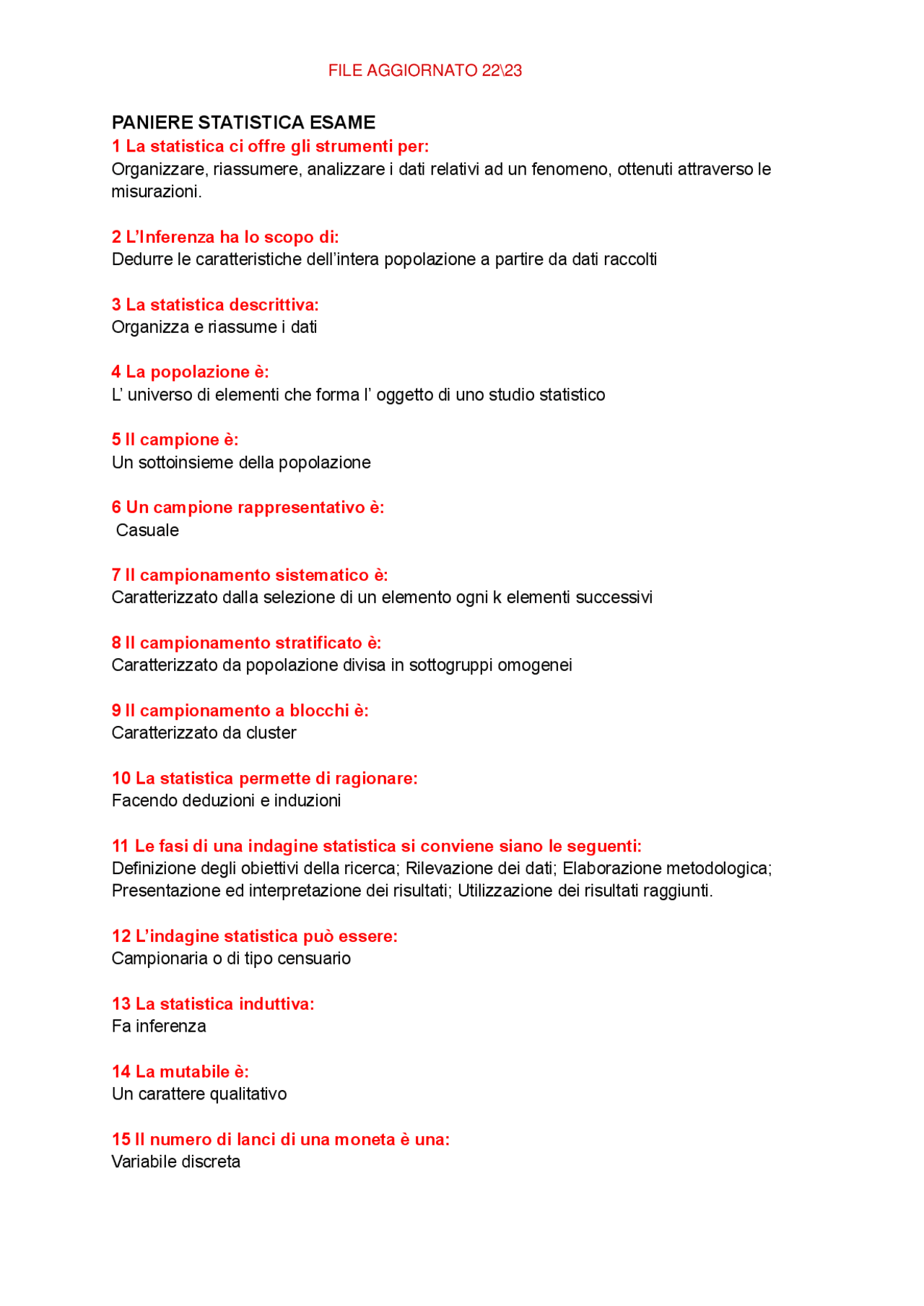 STATISTICA FULL 22\23 | Panieri di Statistica | Docsity