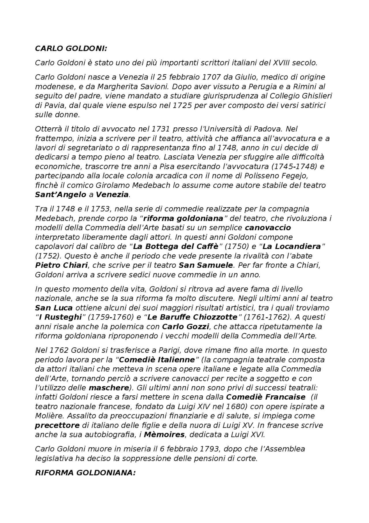 Appunti Su Goldoni E Parini Appunti Di Italiano Docsity