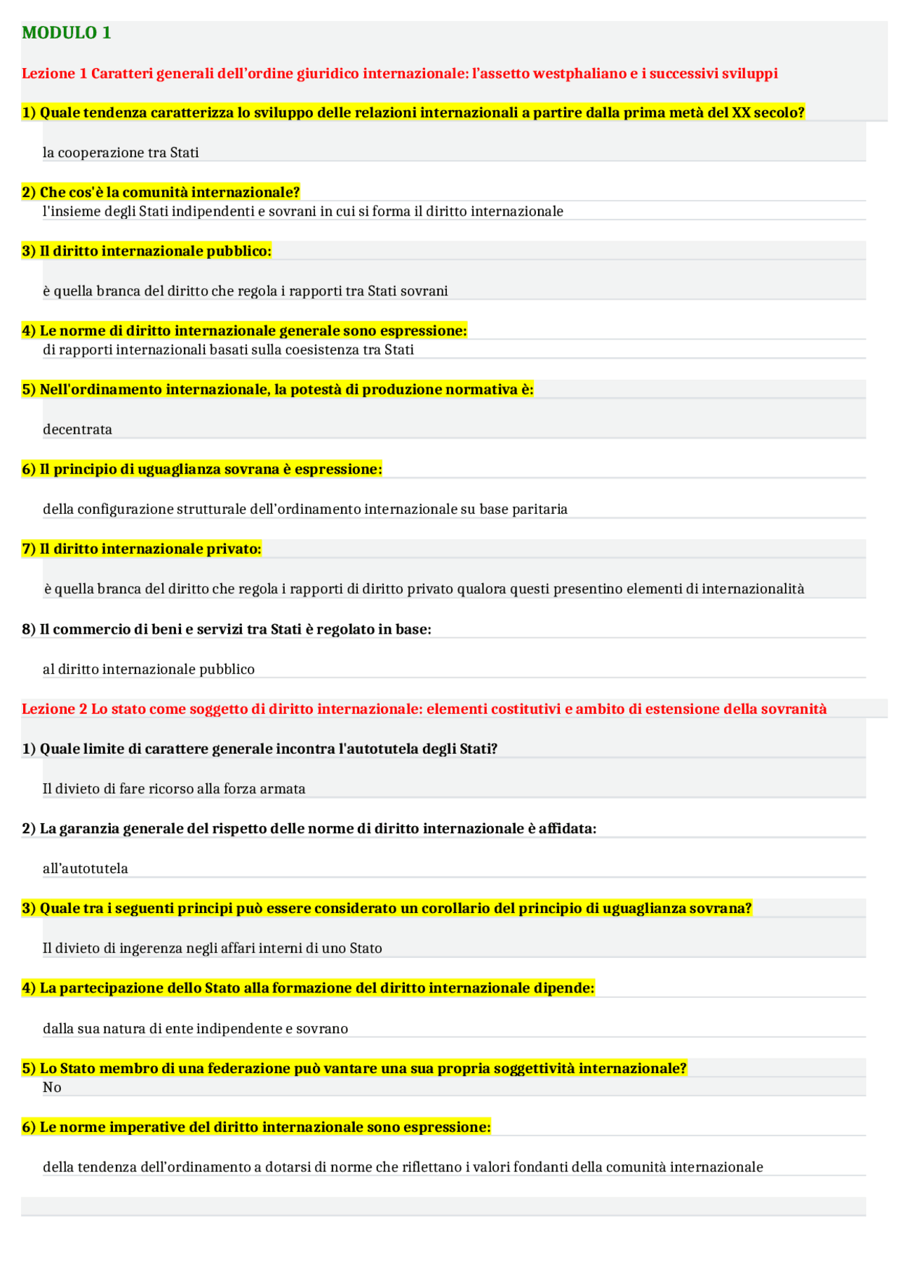 Domande E Risposte Multiple Prove Desame Di Diritto Internazionale