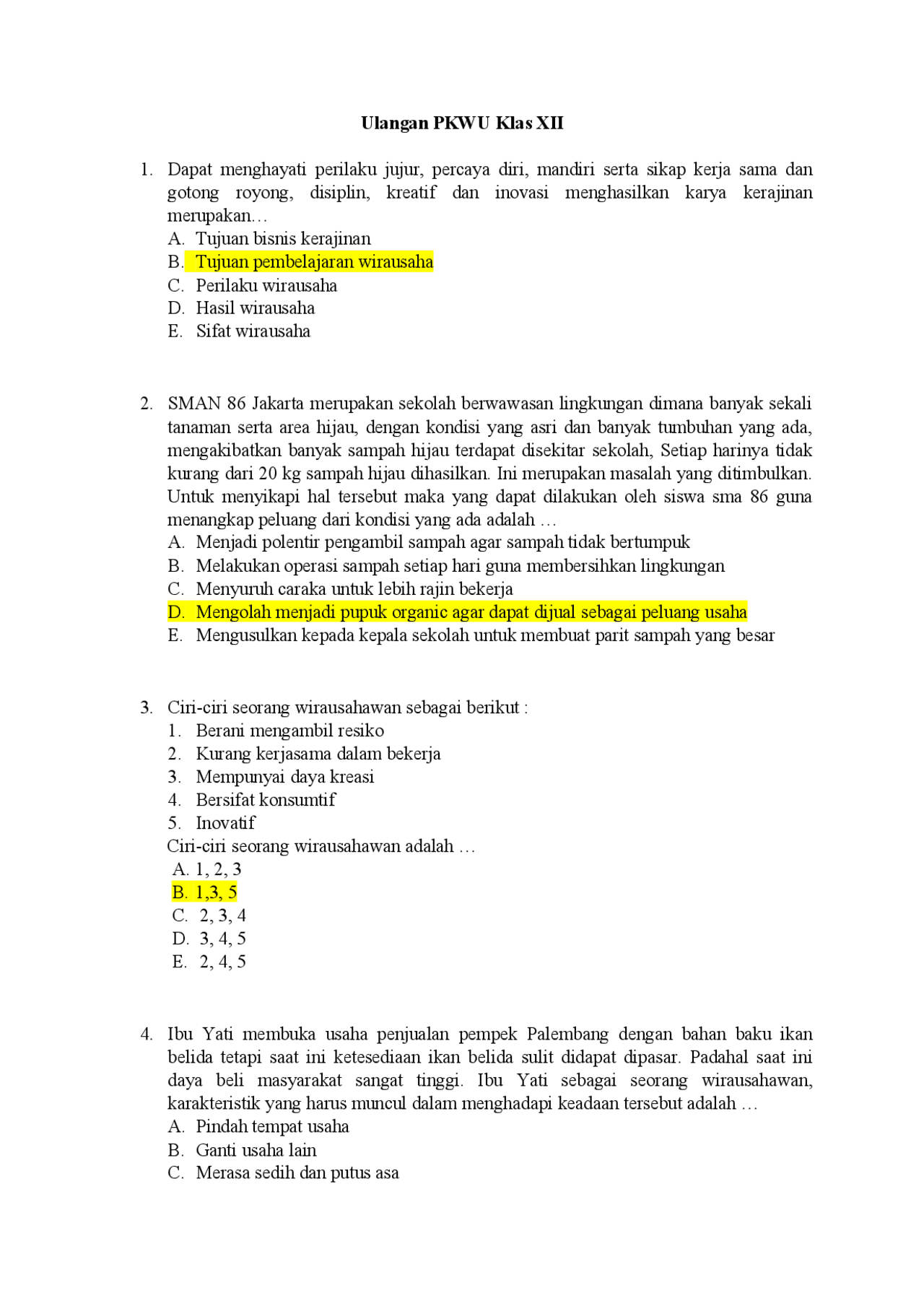UH PKWU SMA TAHUN 2022 | Quizzes Environmental science | Docsity