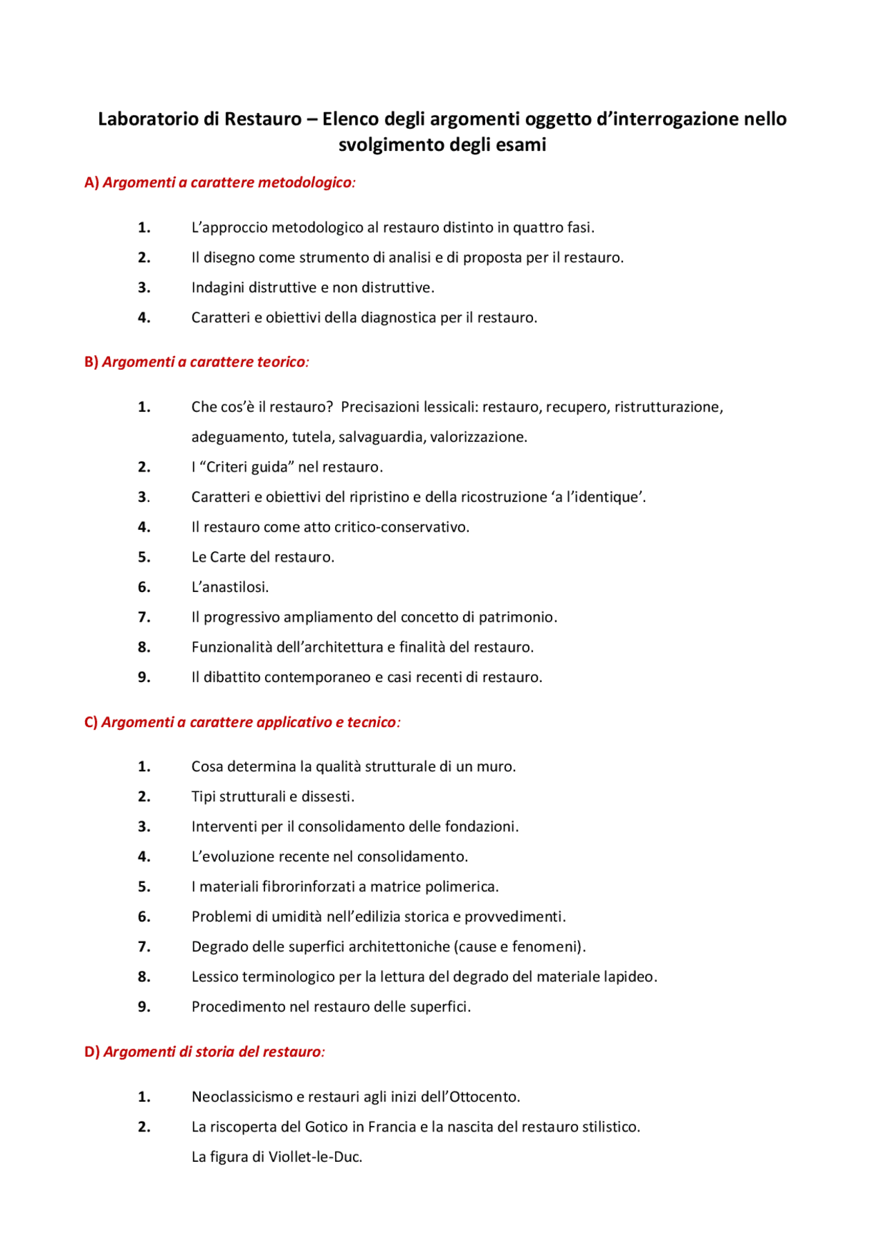 ELENCO DOMANDE E RISPOSTE Corso Restauro (Caperna) | Sbobinature di Restauro | Docsity