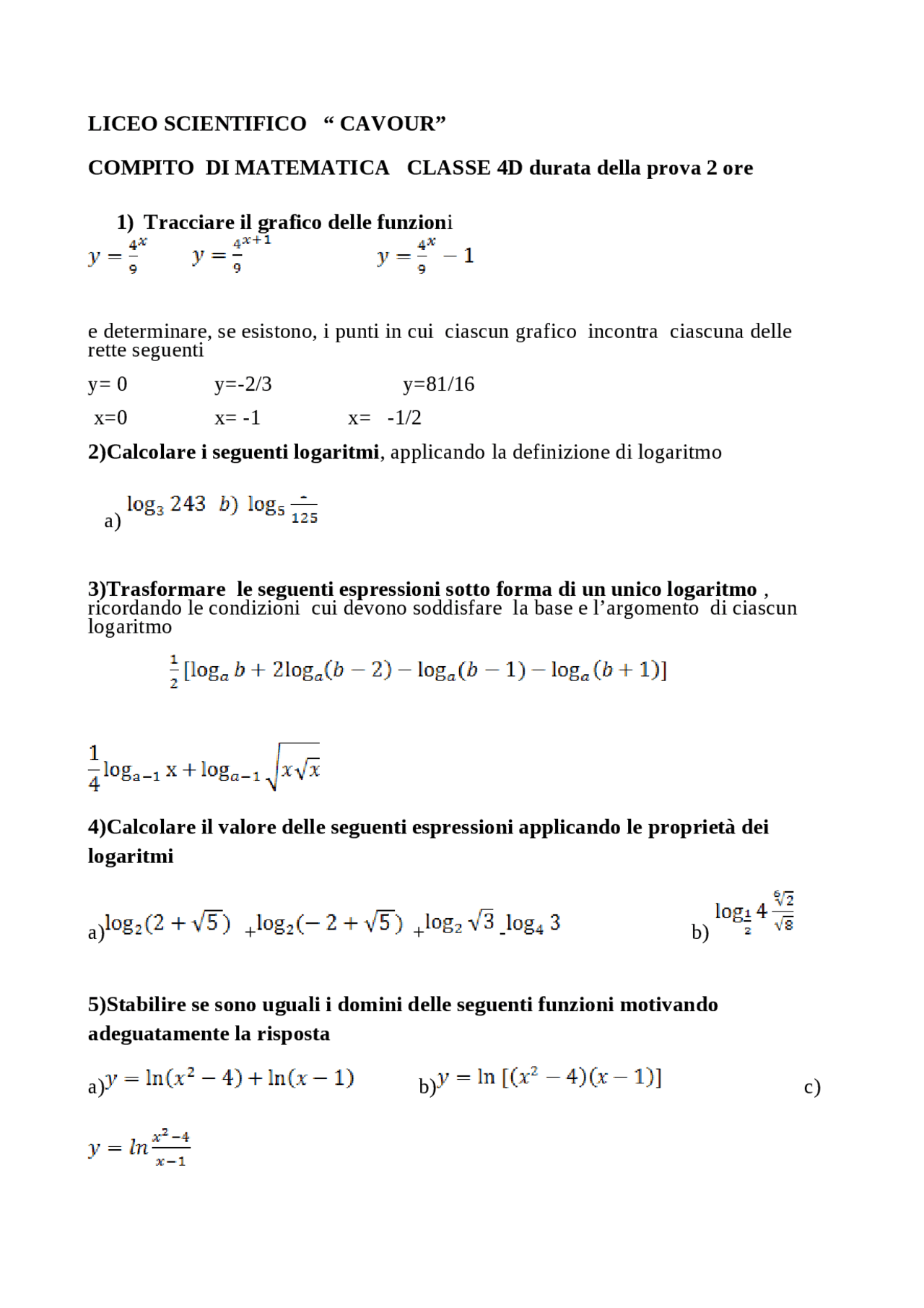 esercizi sui logaritmi | Esercizi di Matematica | Docsity