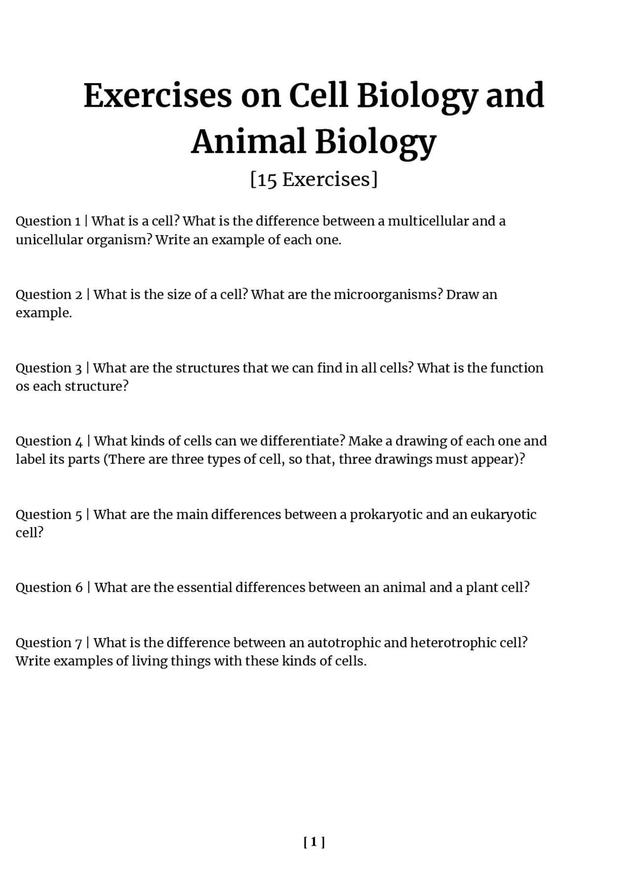 Exercises on Cell Biology and Animal Biology | Exercises Biology | Docsity