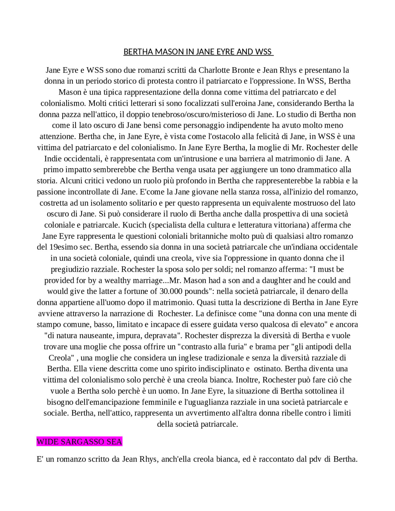 Bertha Mason e Jane Eyre | Appunti di Letteratura Inglese | Docsity