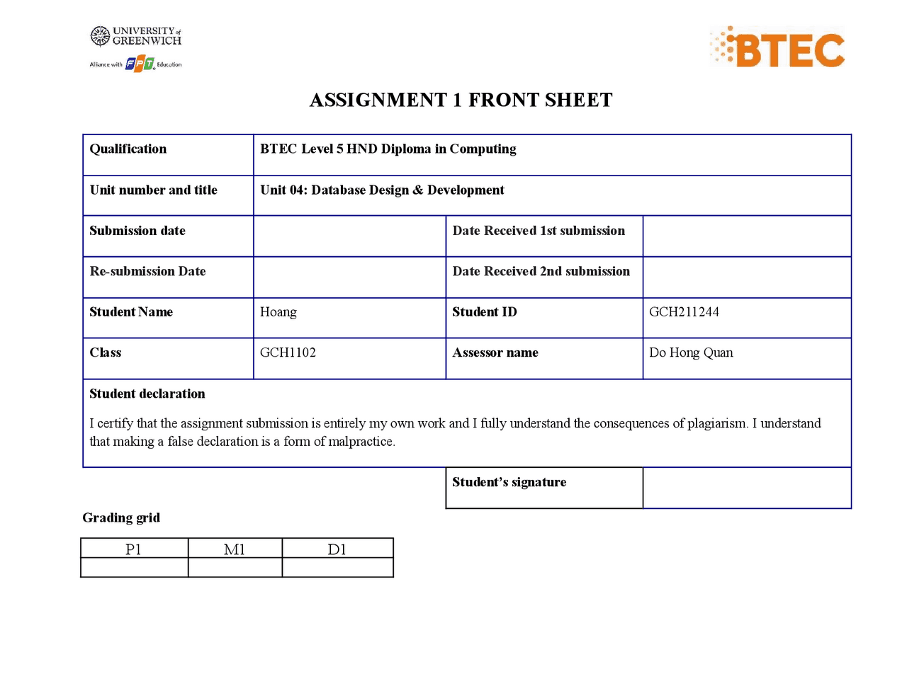 Assignment 1 Of Subject 1633 Greenwich Vn Assignments Database