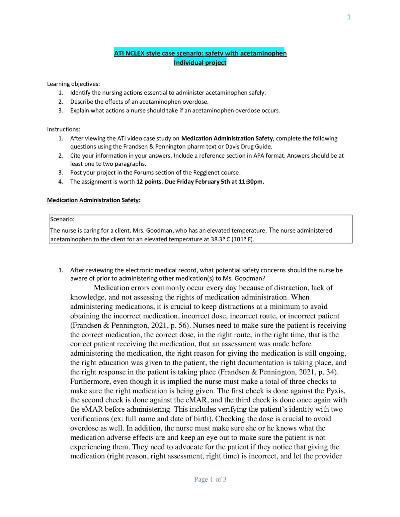 ATI NCLEX style case scenario safety with acetaminophen Individual ...