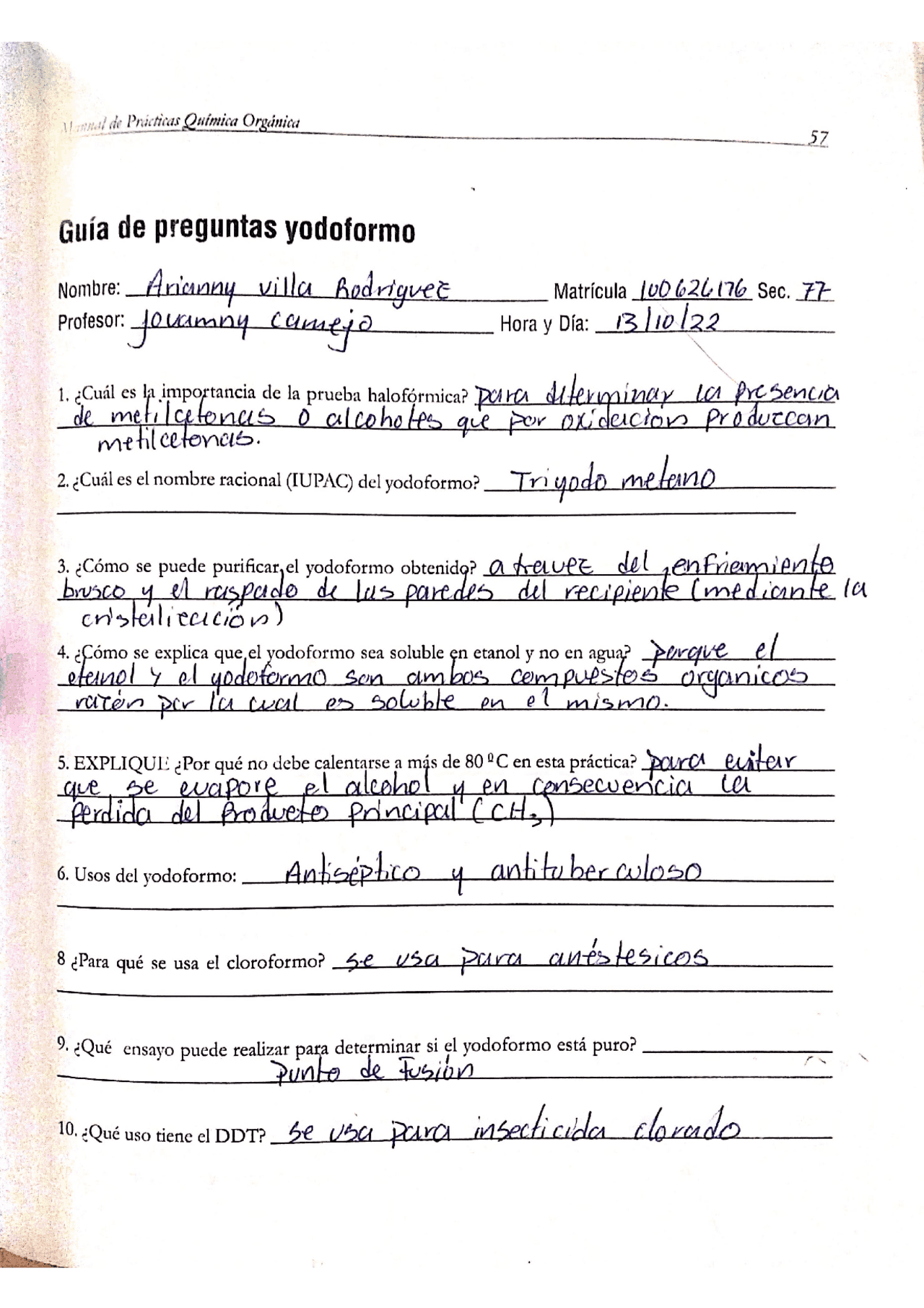 Practica 7 prueba del yodoformo | Ejercicios de Química Orgánica | Docsity