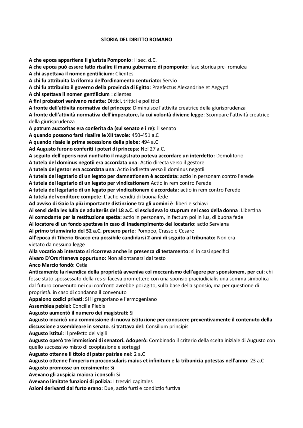 Domande e risposte esame Storia del diritto Romano aggiornate | Prove d'esame di Storia del ...