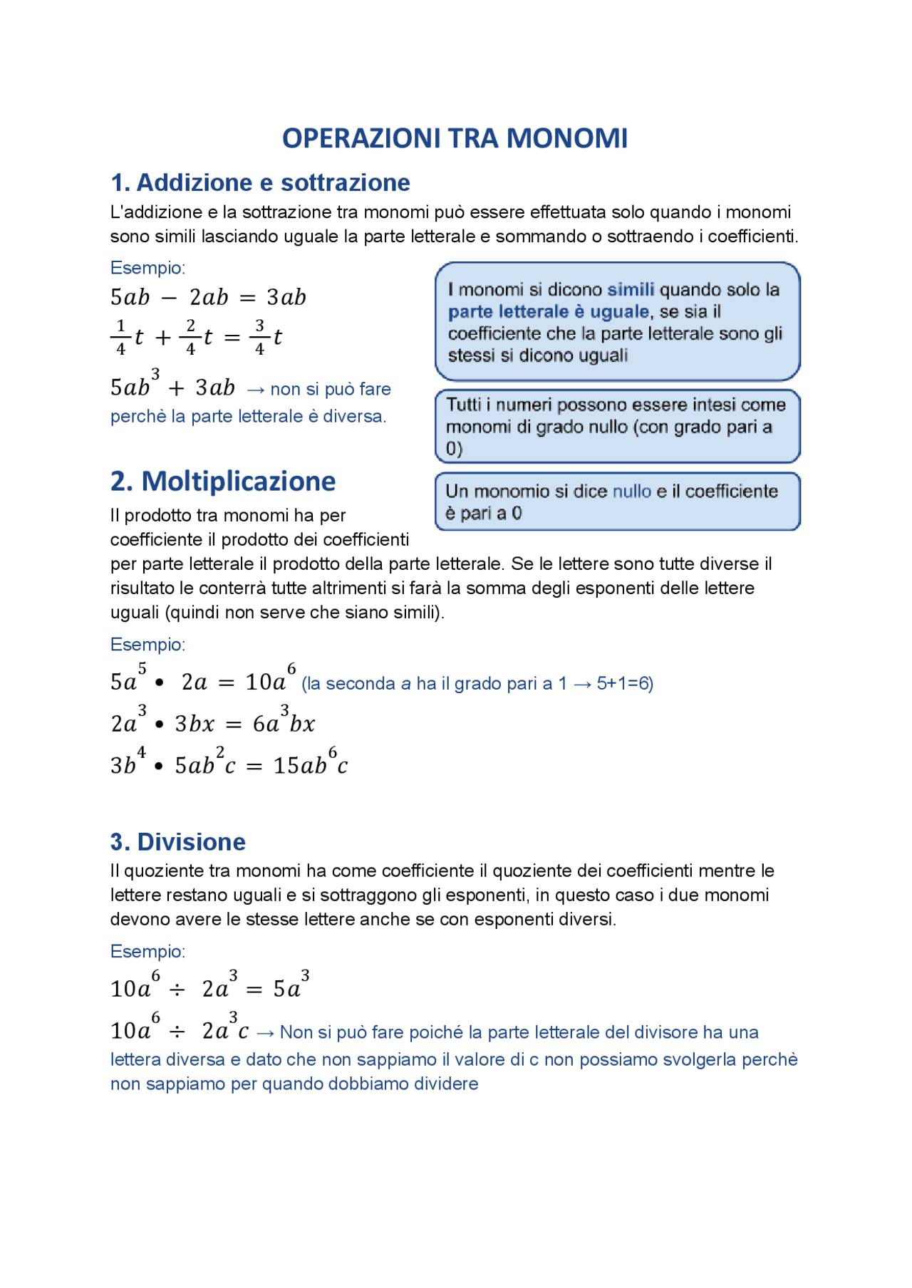 Operazioni tra monomi (somma, differenza, moltiplicazione, divisione ...