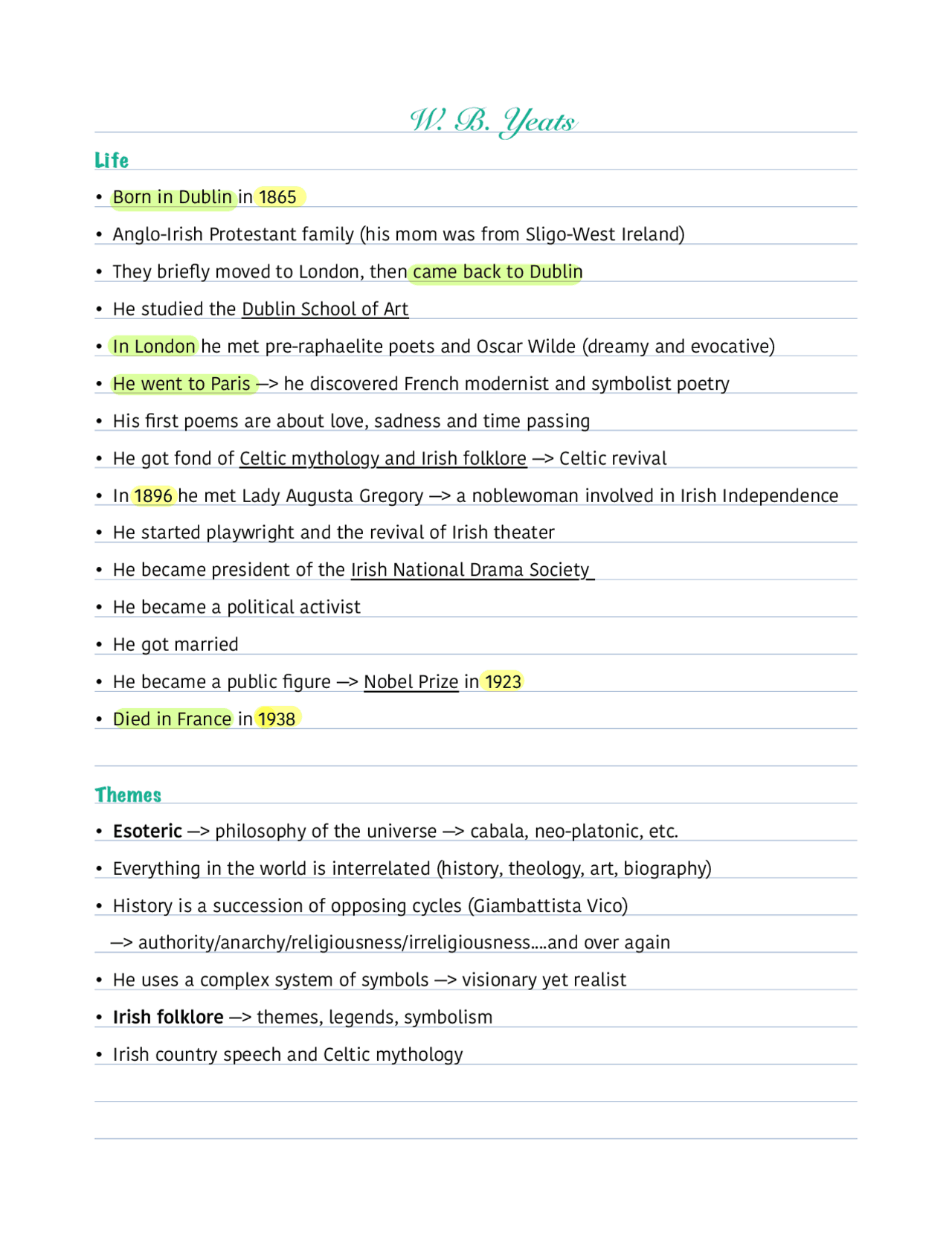 William Butler Yeats Appunti Di Inglese Docsity