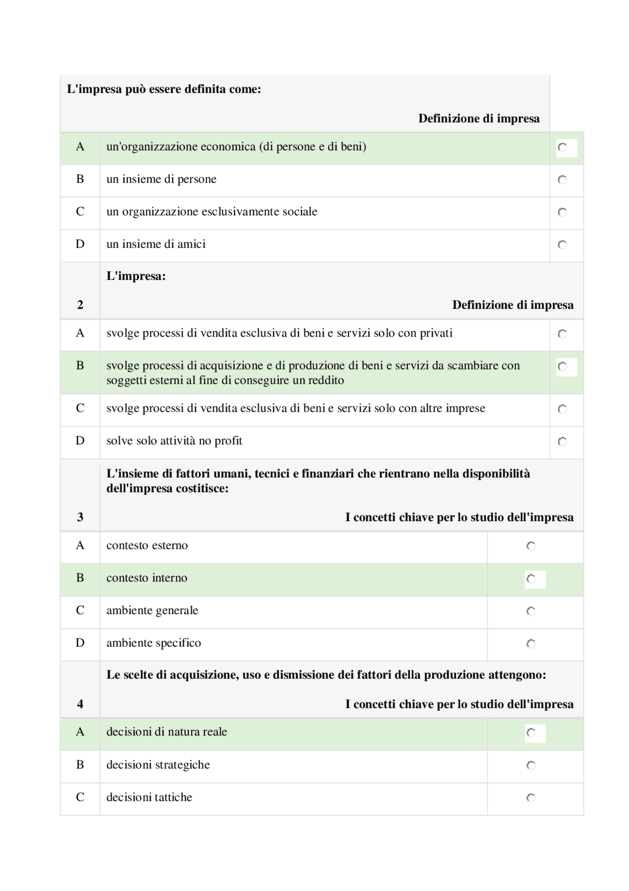 Domande e risposte corrette prova d'esame EGI | Prove d'esame di Economia e Gestione Delle ...