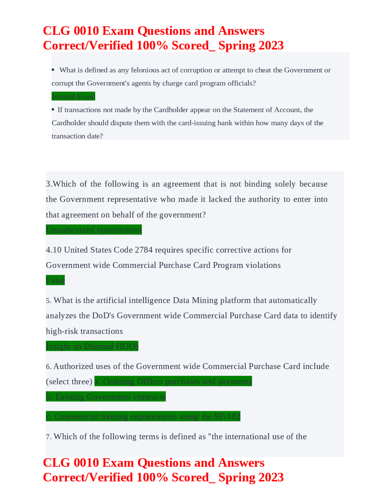 CLG 0010 Exam Questions and Answers Correct/Verified 100% Scored ...