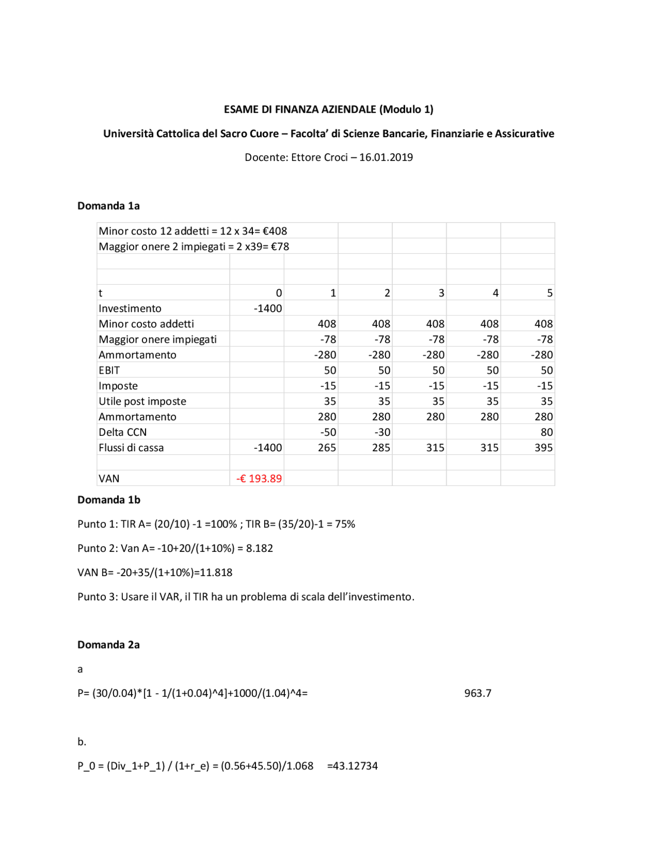 Prova Desame Primo Modulo Finanza Aziendale Prove Desame Di Finanza