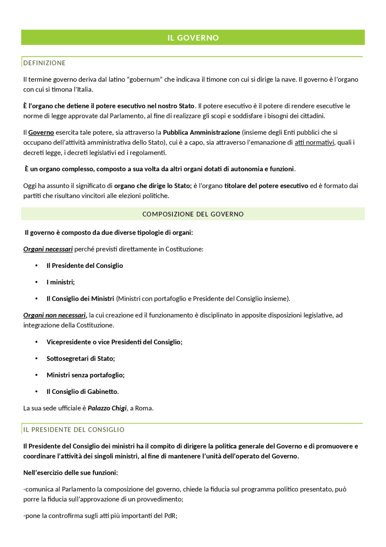 Il Governo Organi E Funzioni Appunti Di Diritto Docsity