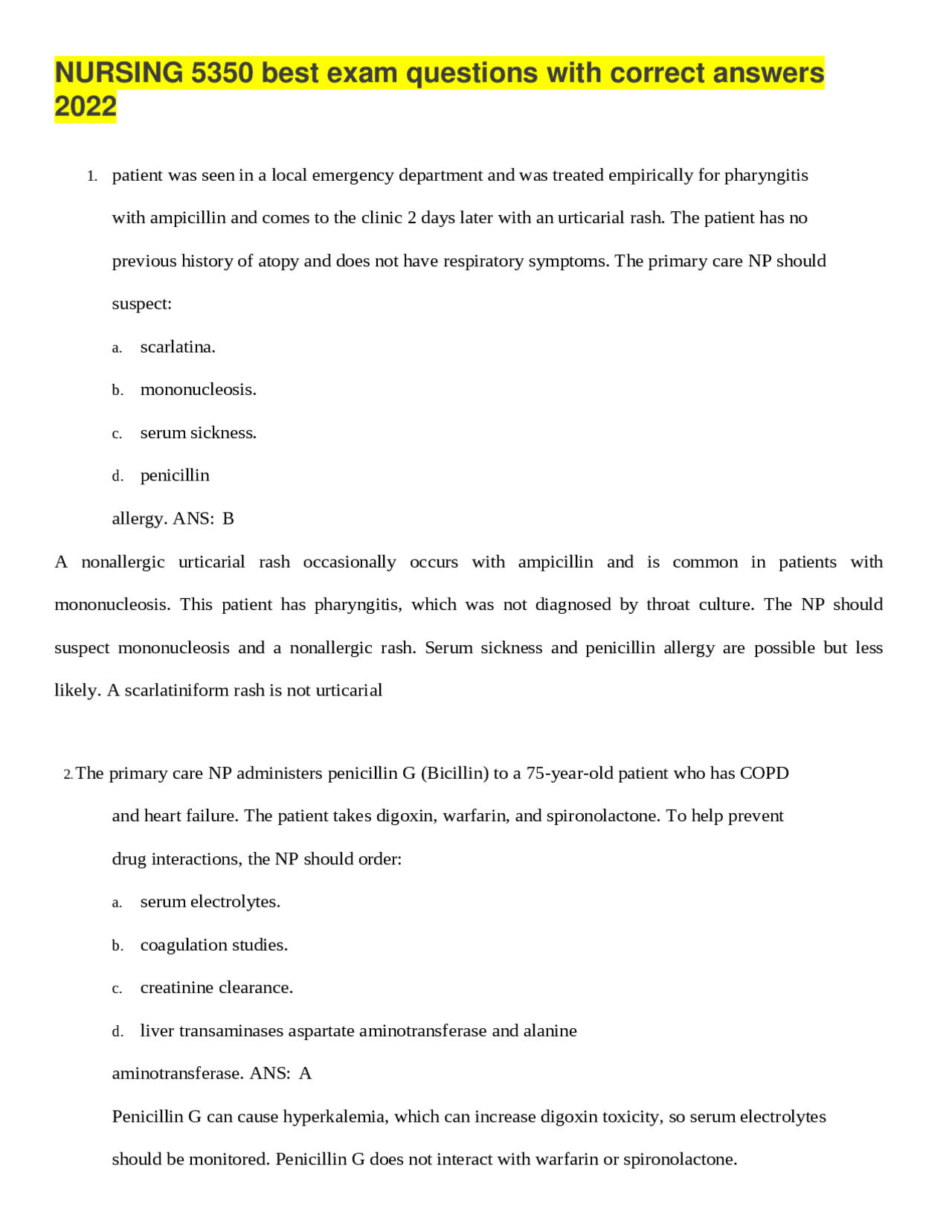 Nursing Exam Questions and Answers 2022 | Exams Nursing | Docsity