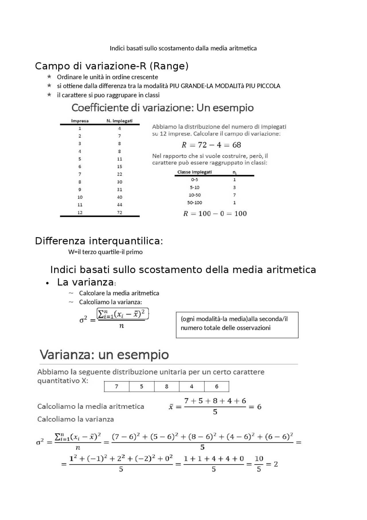 Formule indici di dispersione | Appunti di Statistica Sociale | Docsity