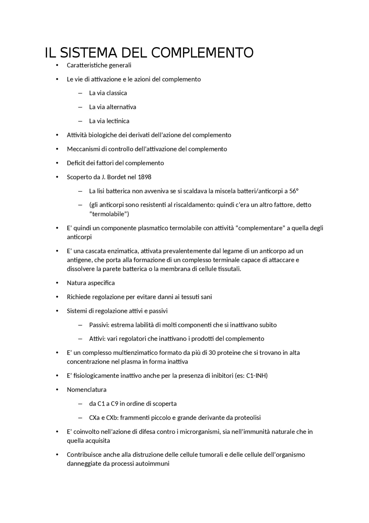 IL SISTEMA DEL COMPLEMENTO | Sbobinature di Patologia Generale | Docsity