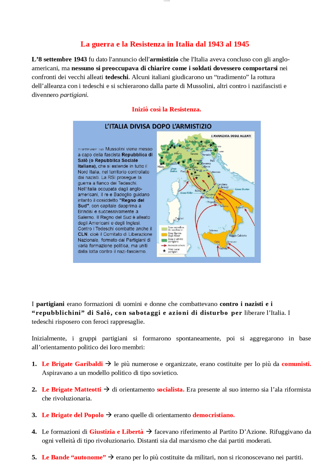 Riassunto Resistenza italiana | Schemi e mappe concettuali di Storia ...