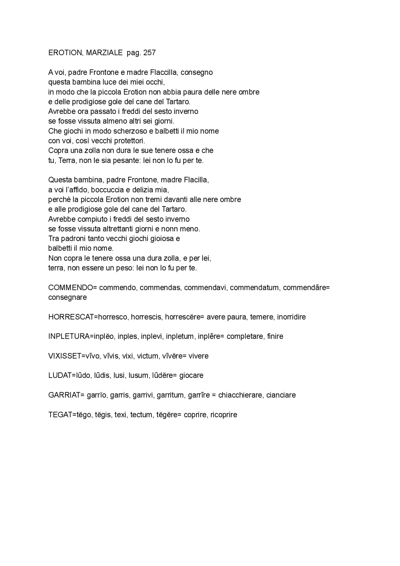 Traduzione Erotion (Marziale) con paradigmi | Esercizi di Latino | Docsity