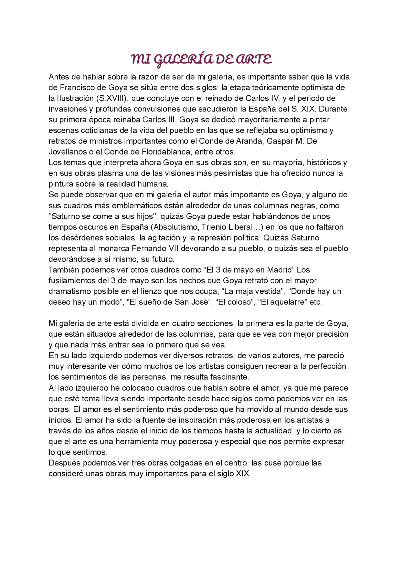 Ejercicios sobre arte y gallerias de arte | Ejercicios de Artes | Docsity
