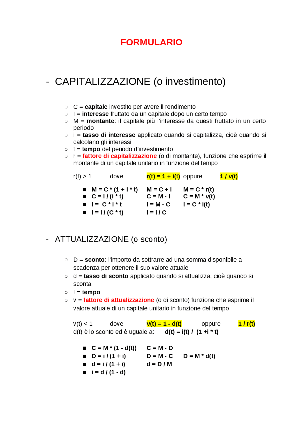 FORMULARIO COMPLETO MATEMATICA FINANZIARIA, PROF. MICOCCI | Formulari ...