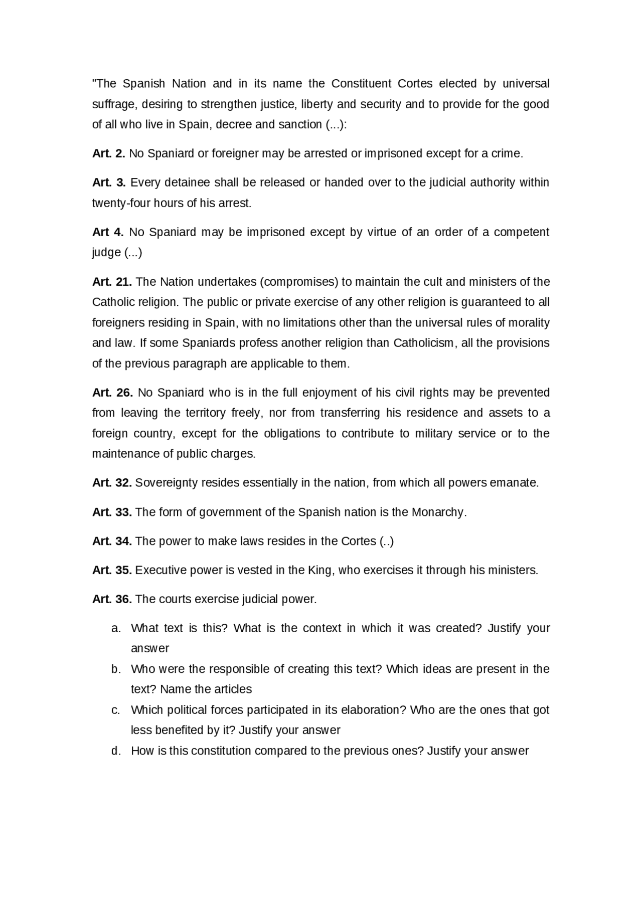 Constitución de 1869 | Exercises de History | Docsity