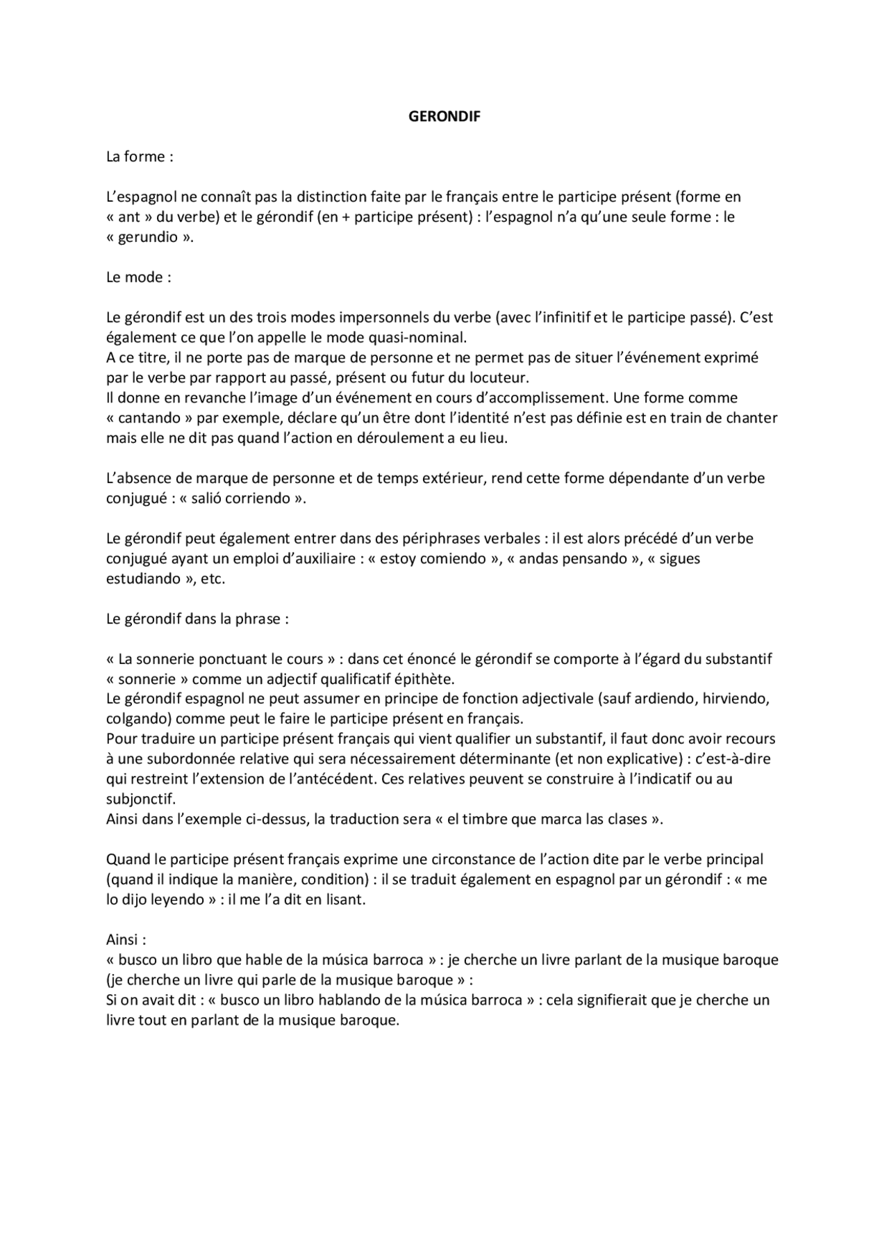 Le Gérondif Espagnol Notes Langue Espagnole Docsity