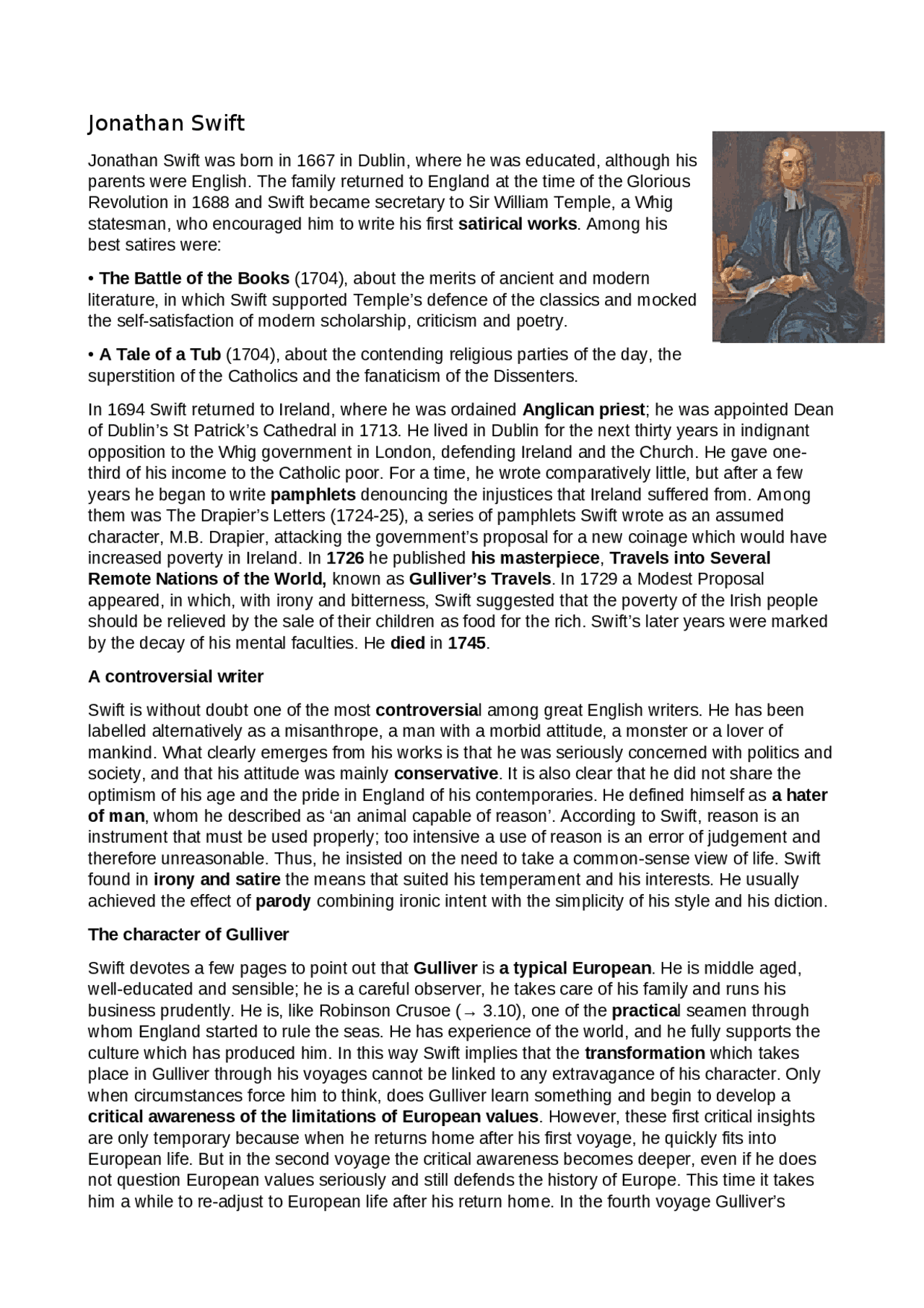 Jonathan Swift vita e opere | Appunti di Inglese | Docsity