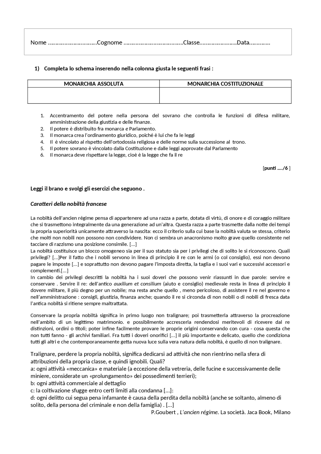 Prova Di Verifica Per La Classe Quarta Esercizi Di Storia Docsity