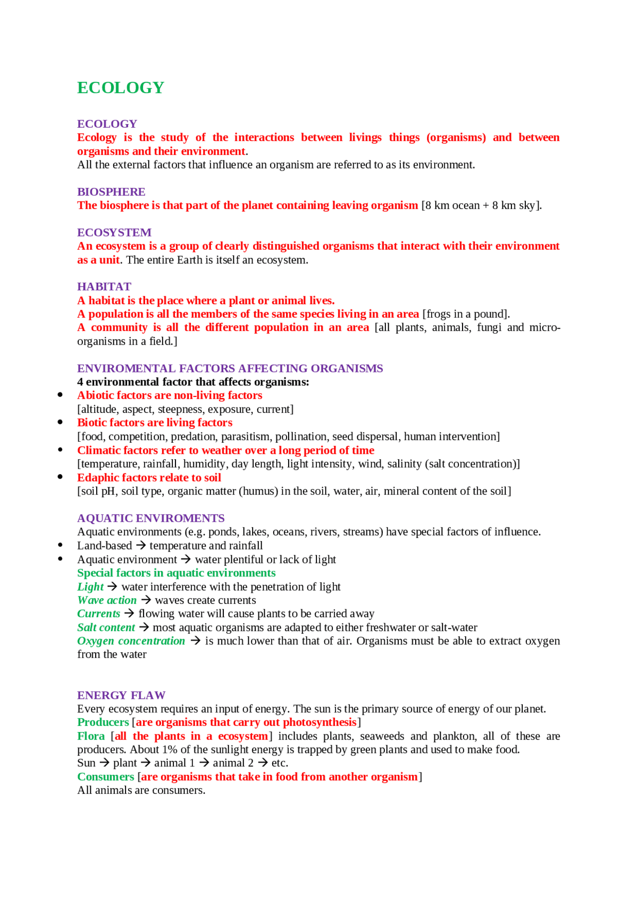 Basi dell'ecologia in inglese | Schémas de Écologie | Docsity