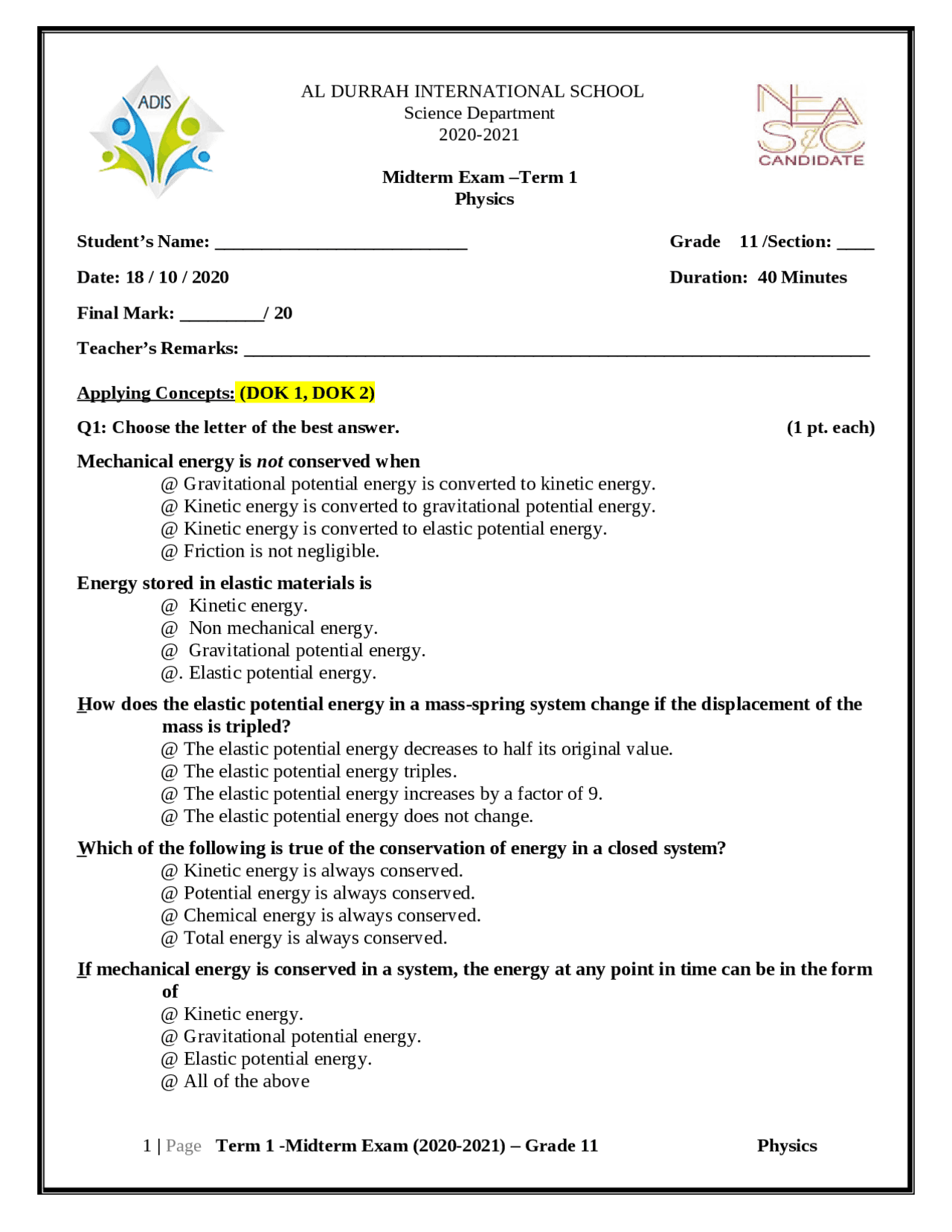 Quizzes about energy and momentum | Quizzes Physics | Docsity