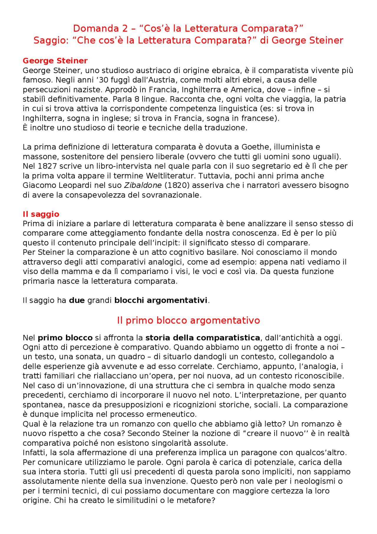 George Steiner [Domanda 2] - Letterature comparate - prof. Scuderi ...