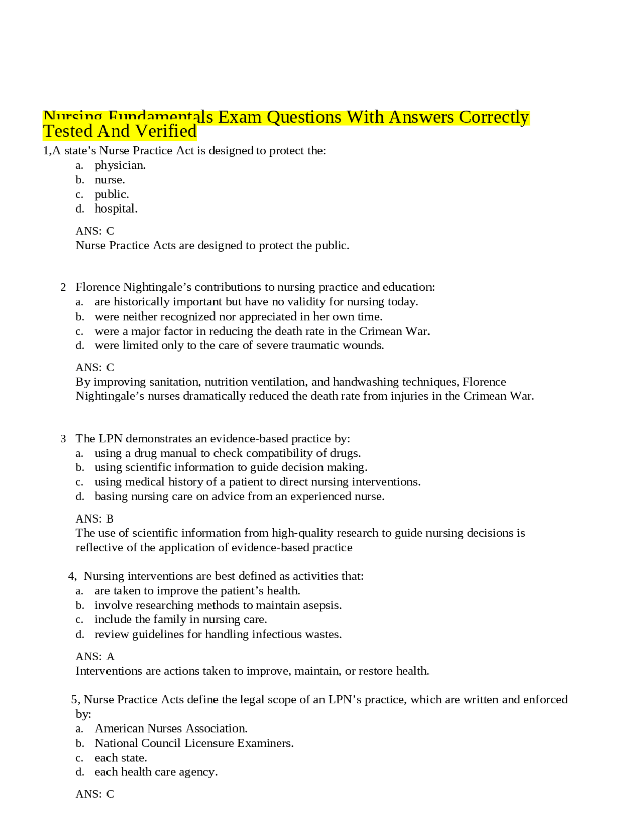 Nursing Fundamentals Exam Questions With Answers Correctly Tested And