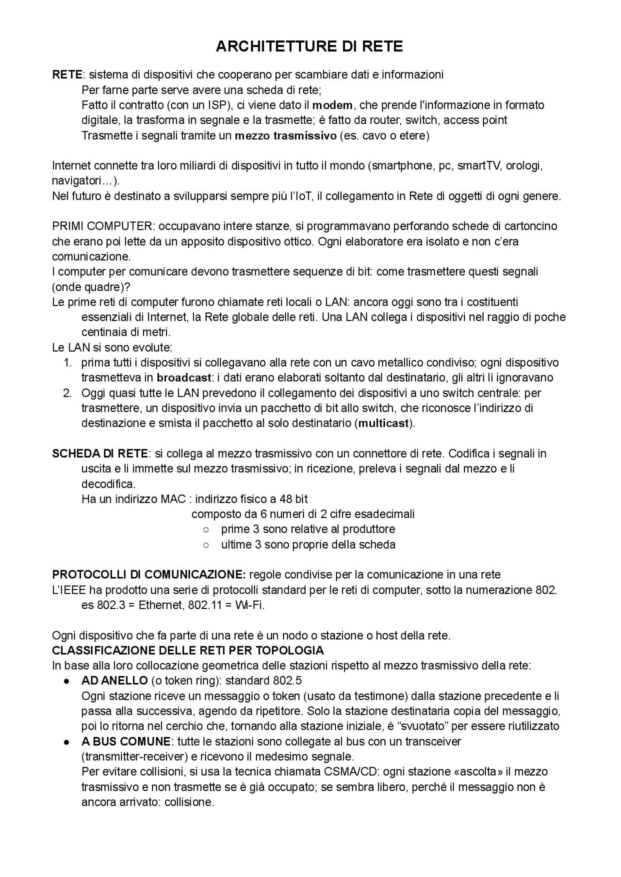 Architetture di rete: storia, classificazione e protocolli | Appunti di ...