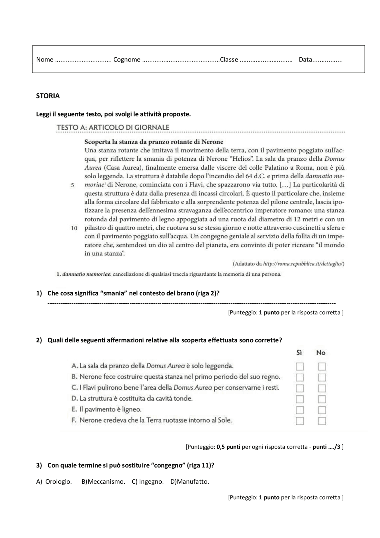 Prova Di Verifica Classe Seconda Esercizi Di Storia Docsity