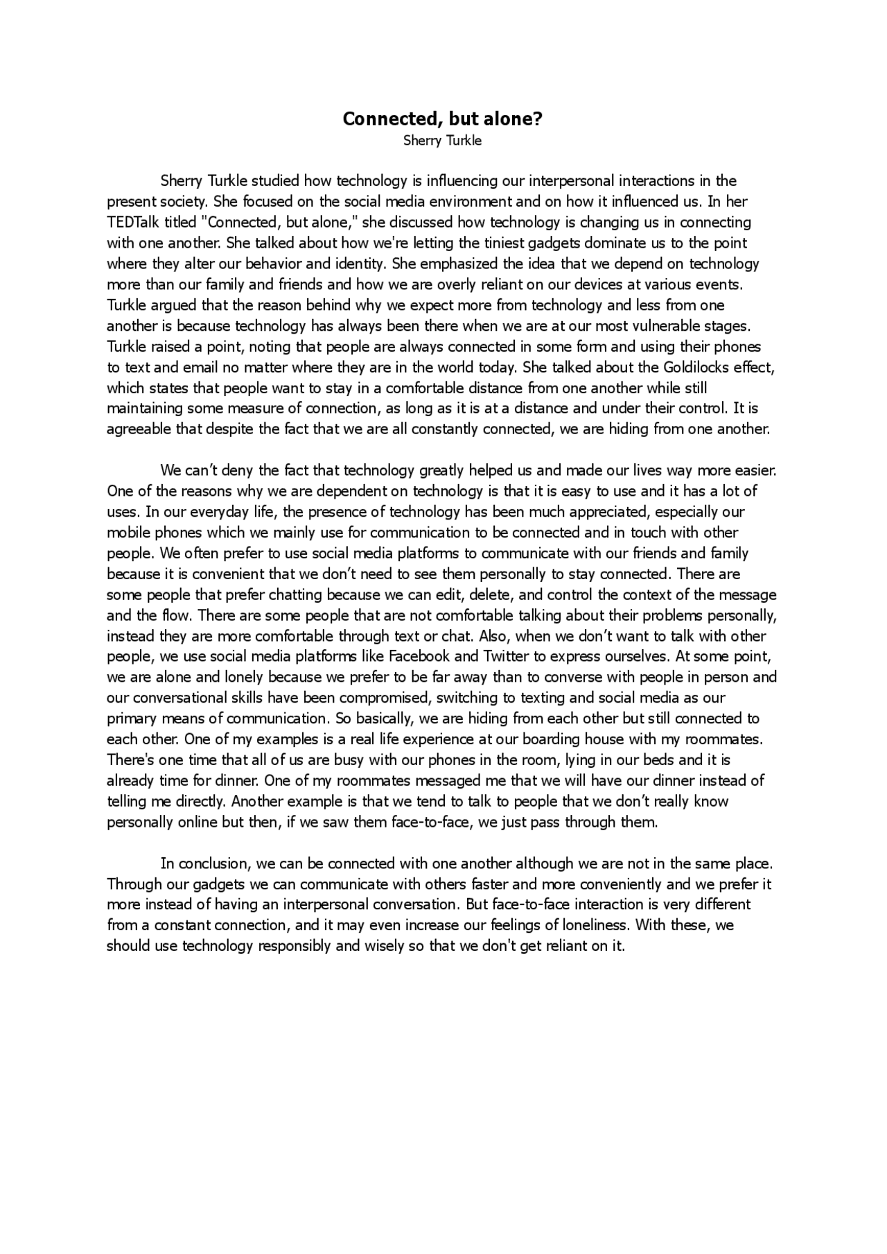 Connected But Alone Reaction Paper Assignments English Language