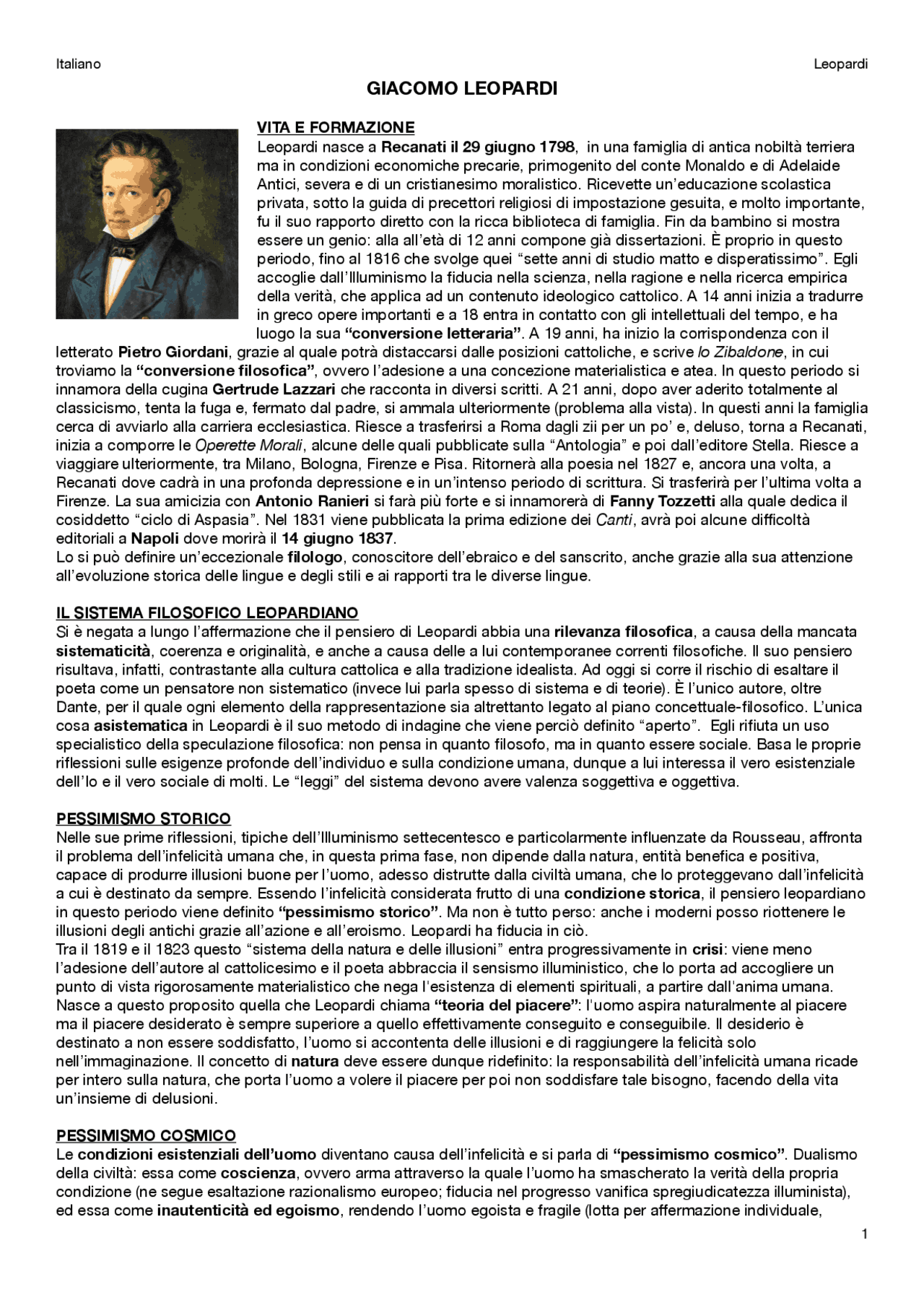 Leopardi: vita, pensiero, opere, analisi canti. | Sintesi del corso di ...