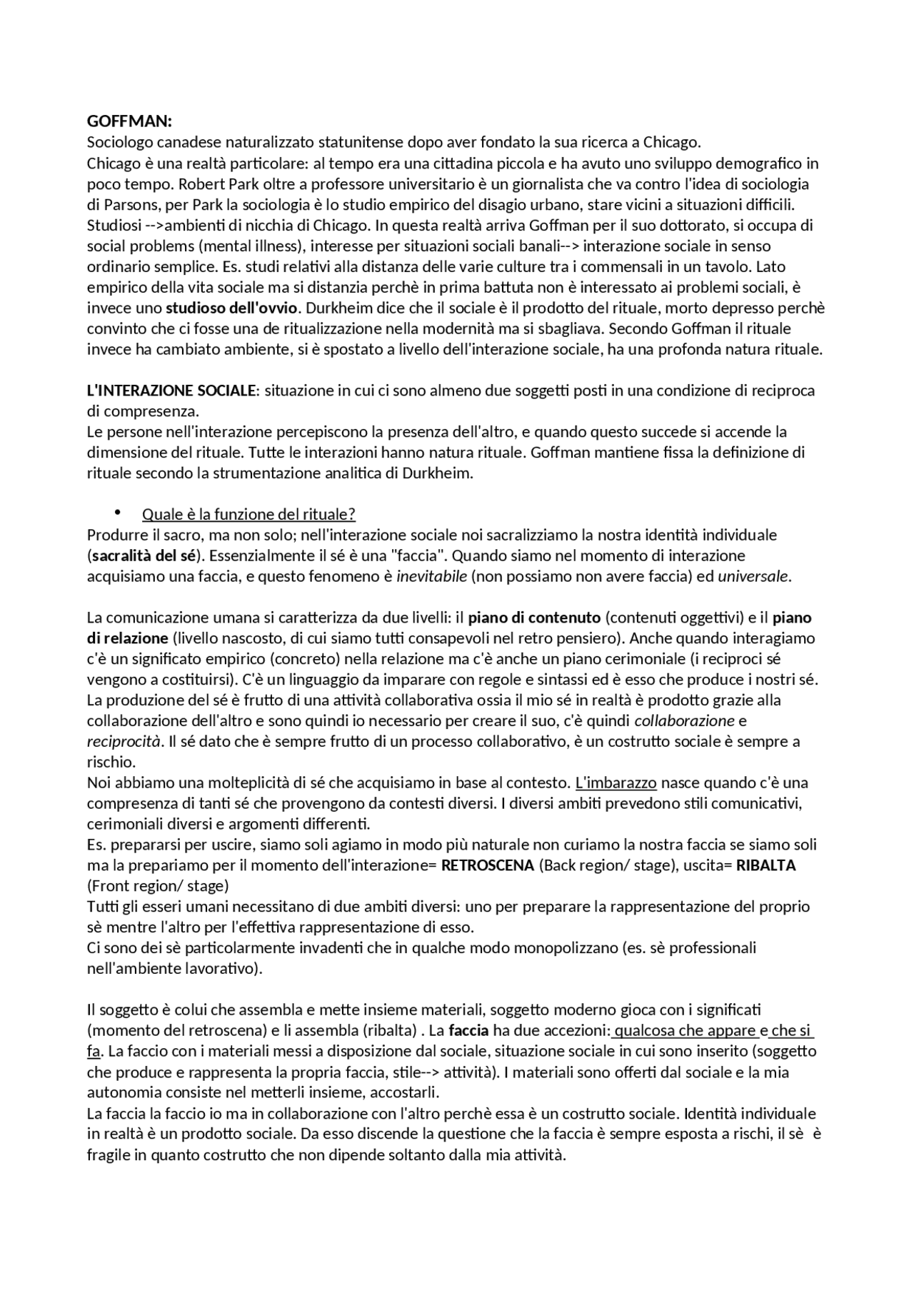 Goffman e l'interazione sociale | Appunti di Sociologia | Docsity