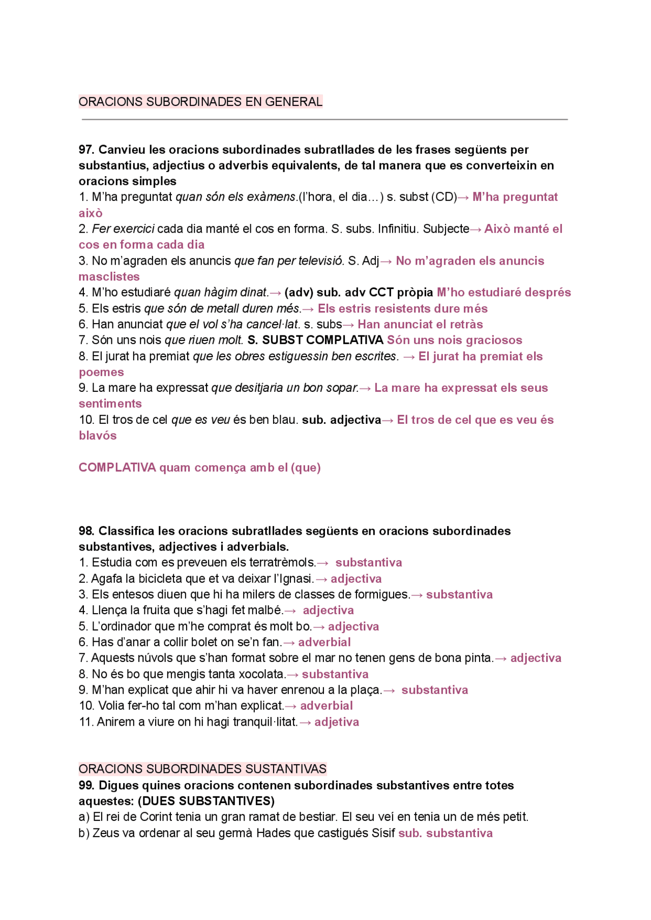 Exercicis Oracions Subordinades Ejercicios De Catalán Docsity