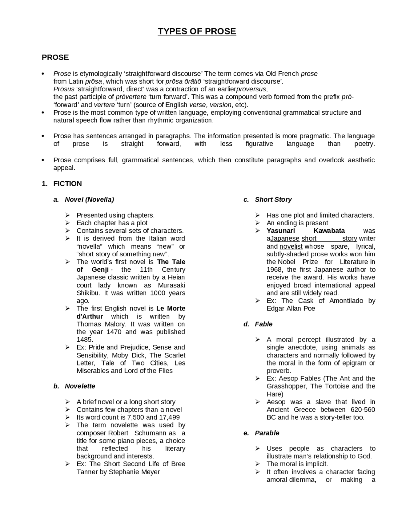 Types of Prose: world literature | Lecture notes Literature | Docsity