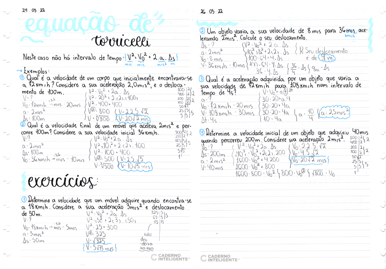 Resumo sobre a Equação de Torricelli | Esquemas Física | Docsity