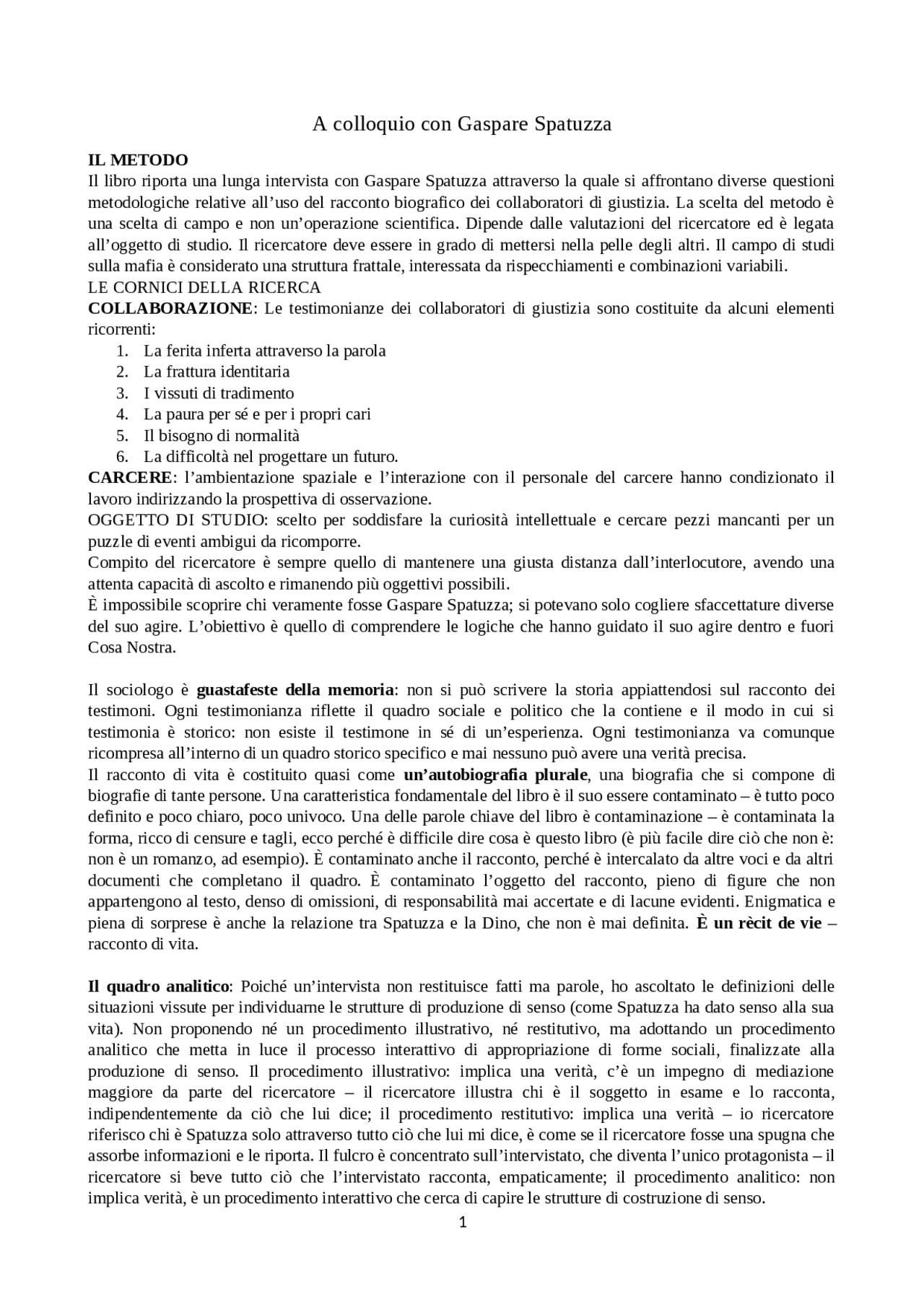 Riassunto A Colloquio Con Gaspare Spatuzza A Dino Sintesi Del